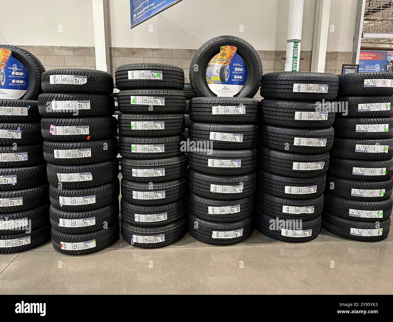 Tires sit on display in a Costco warehouse Tuesday, Oct. 8, 2024, in ...