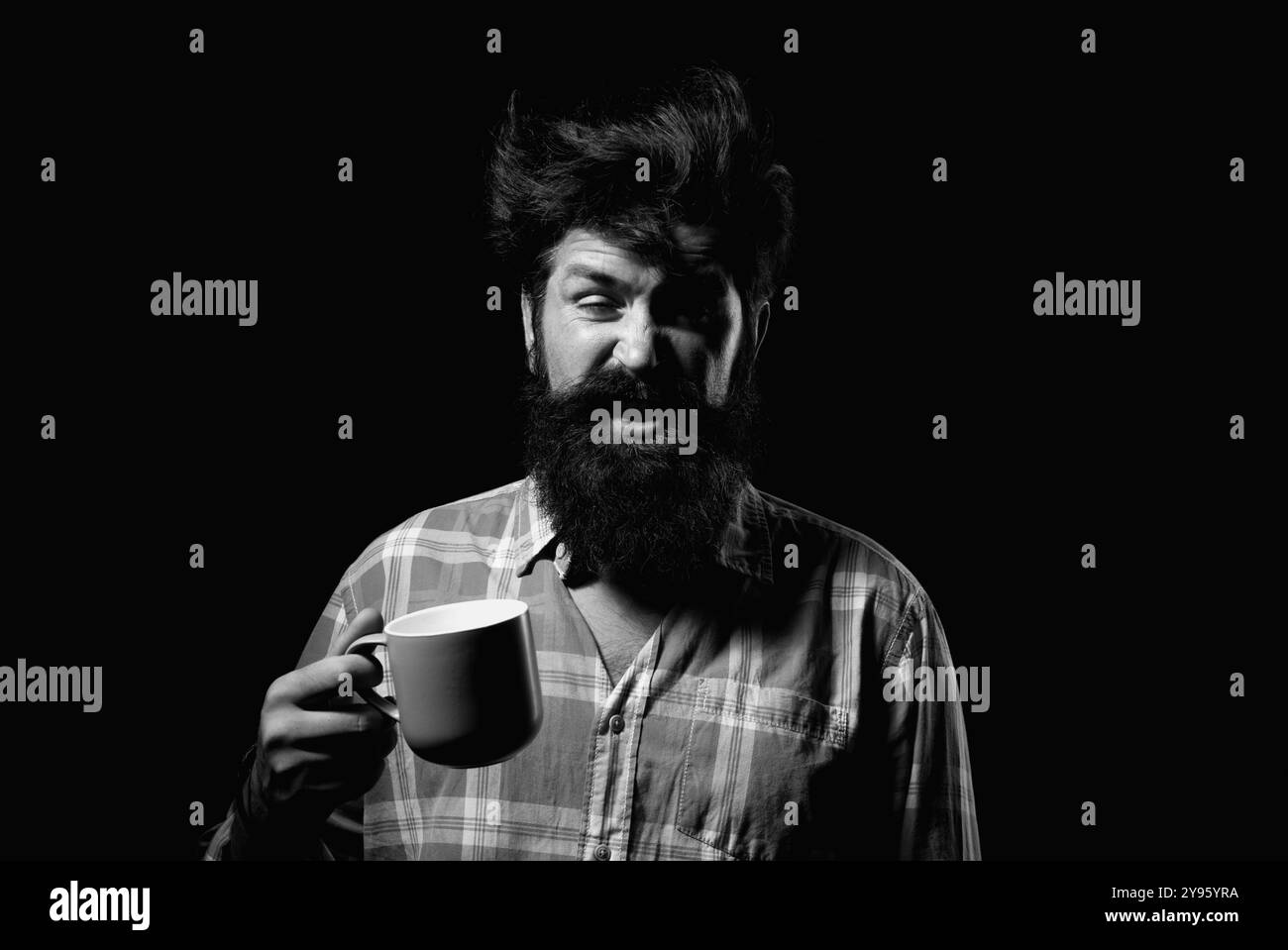 Smiling hipster man cup Black and White Stock Photos & Images - Alamy