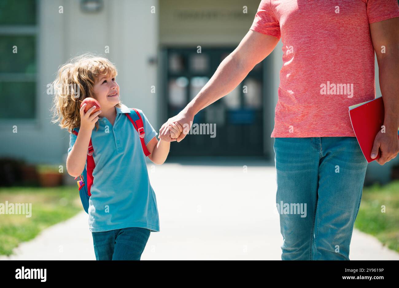 Father and son run with father come back from school. Family, education ...