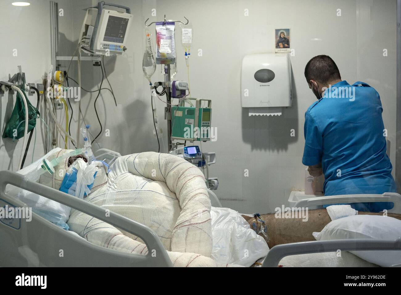 Beirut, Lebanon. 08th Oct, 2024. A man with 50% of his body covered in ...