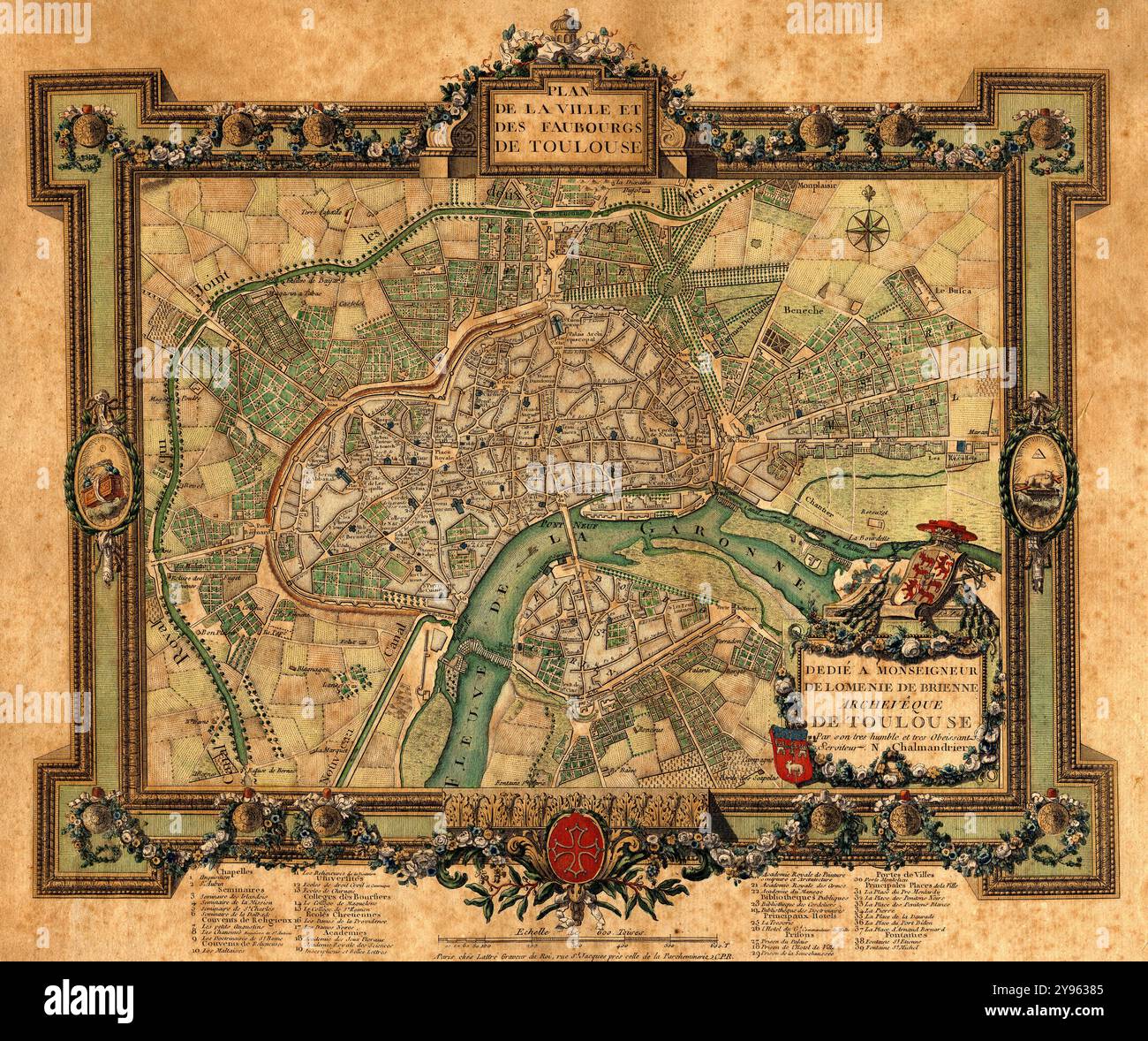 1774 Vintage illustrated Map Plan of the City of Toulouse, included ...