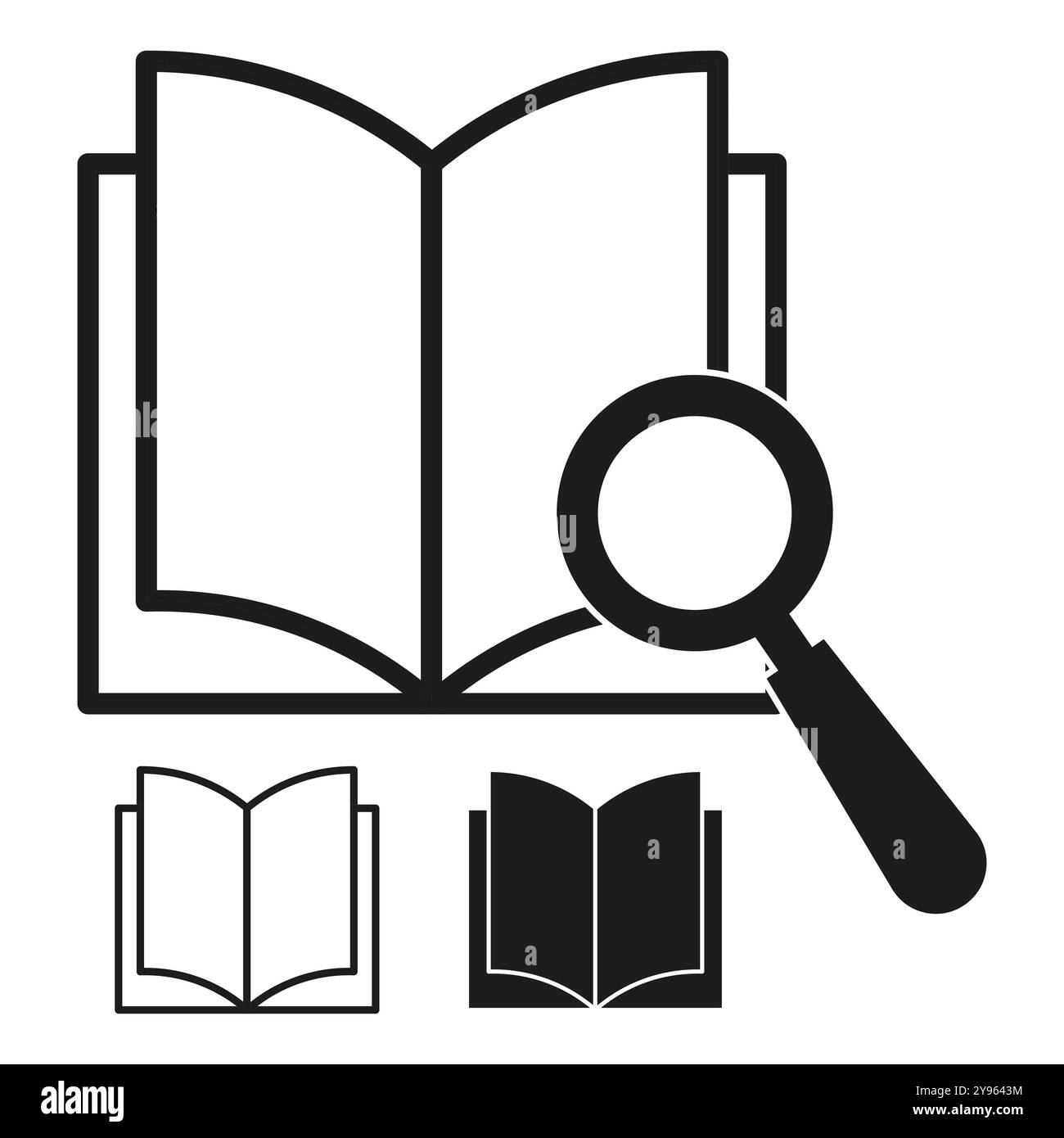 Magnifying glass icon. Open book symbol. Reading and search concept ...
