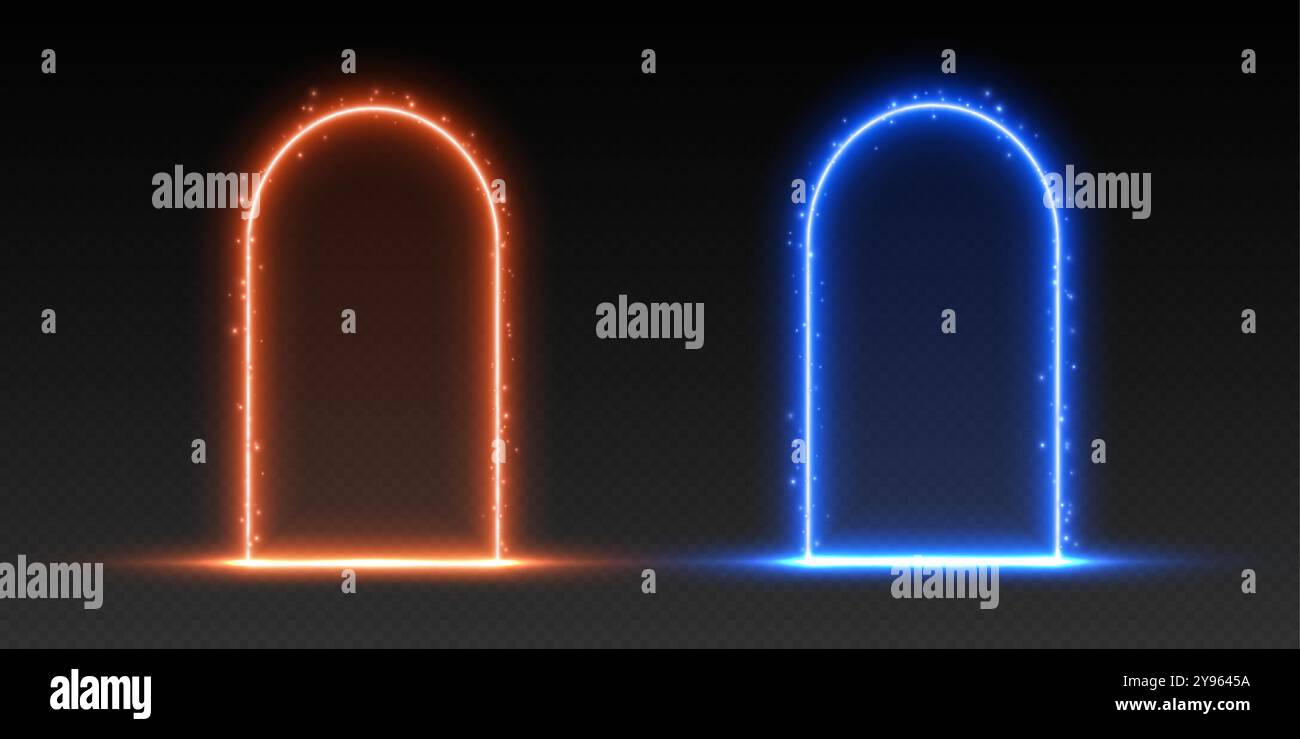 Neon arches with sparkles, orange and blue glowing portals, futuristic ...