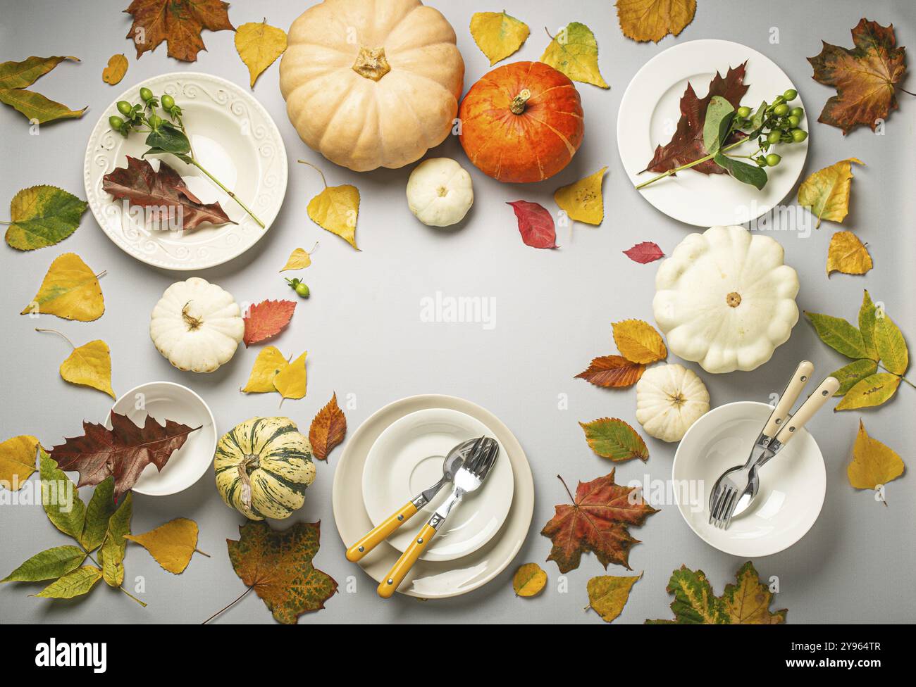 Thanksgiving festive table composition with different colourful ...