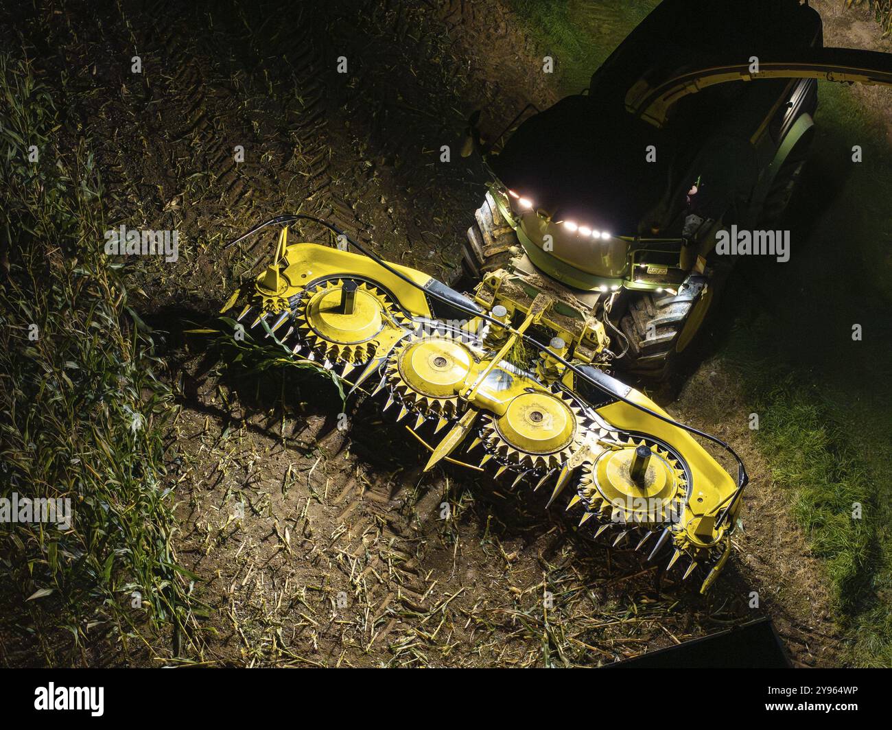 Tractor at night harvesting field with illuminated harvester, corn ...