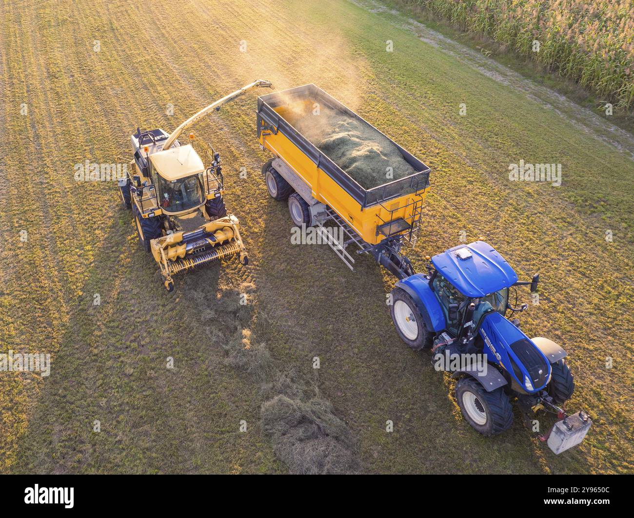 Aerial view of a tractor and a harvester collecting hay in a field ...