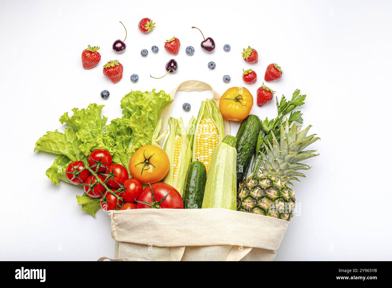 Grocery shopping. Different fresh fruit and vegetables in a textile ...