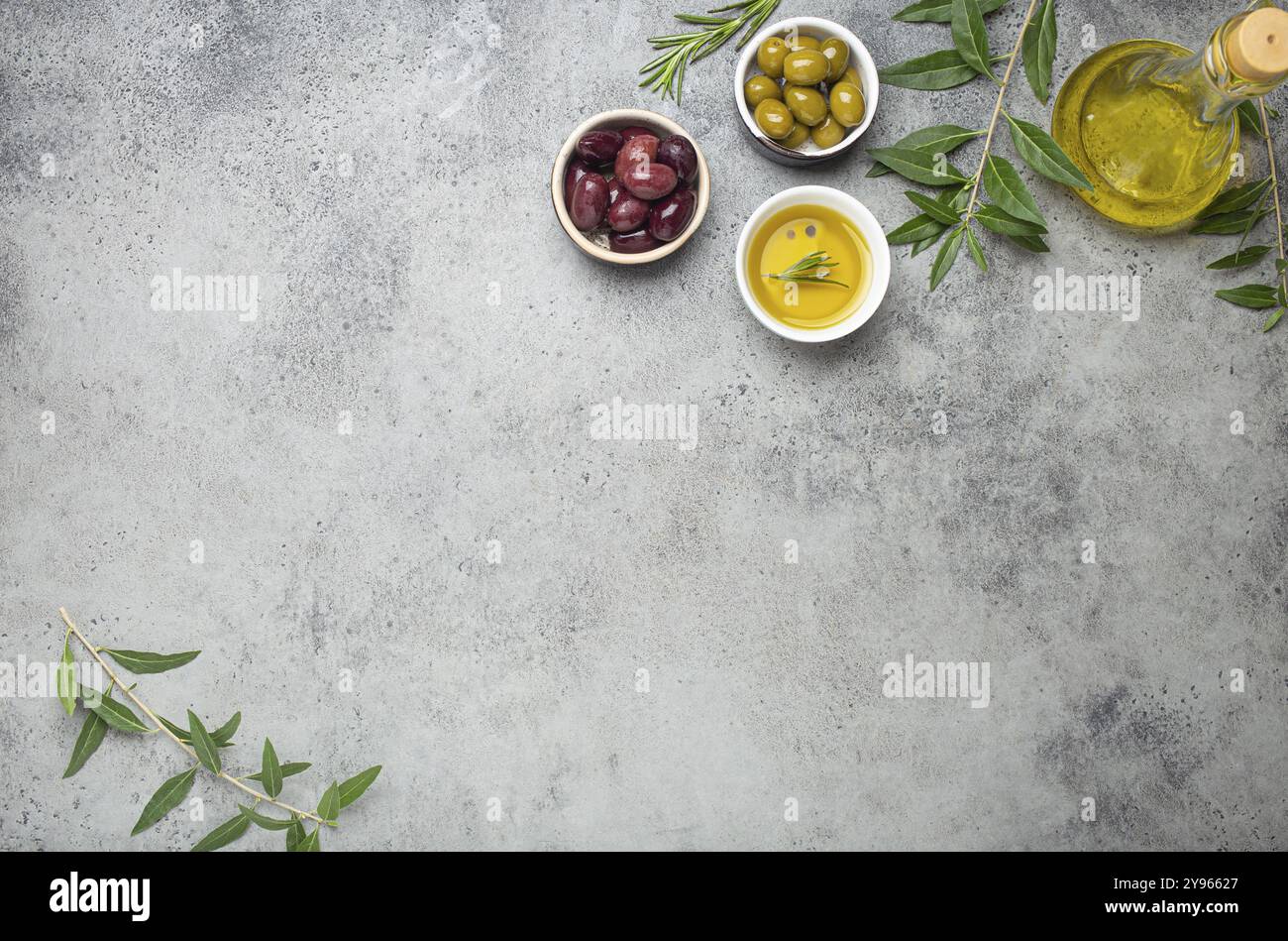 Composition with green and brown olives, extra virgin olive oil in ...