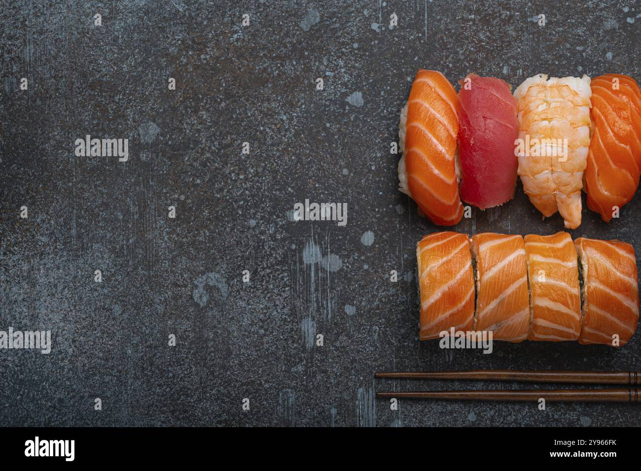Set of traditional Japanese sushi and rolls top view with soy sauce and ...