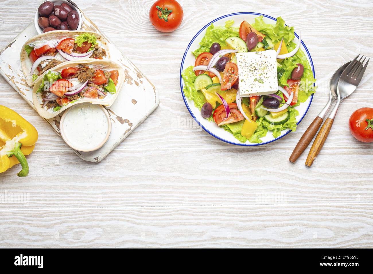 Traditional Greek Food: Greek Salad, Gyros with meat and vegetables ...