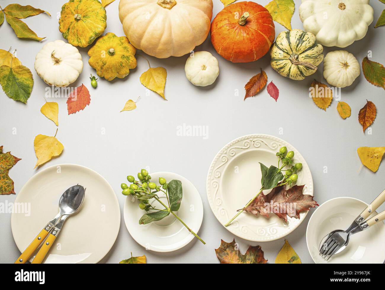 Thanksgiving festive table composition with different colourful ...