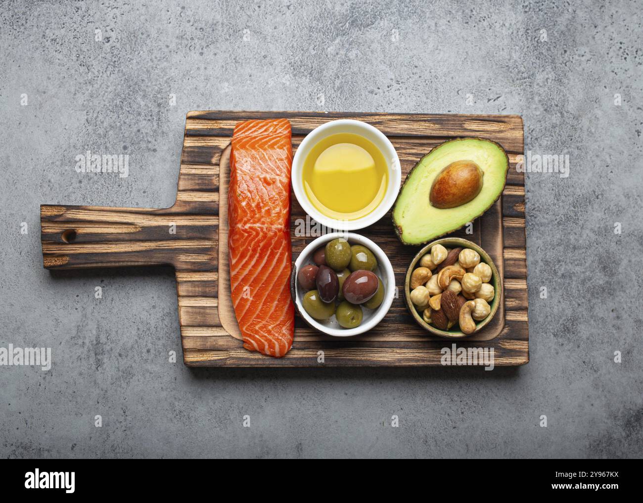 Food sources of healthy unsaturated fat: fresh raw salmon fillet ...