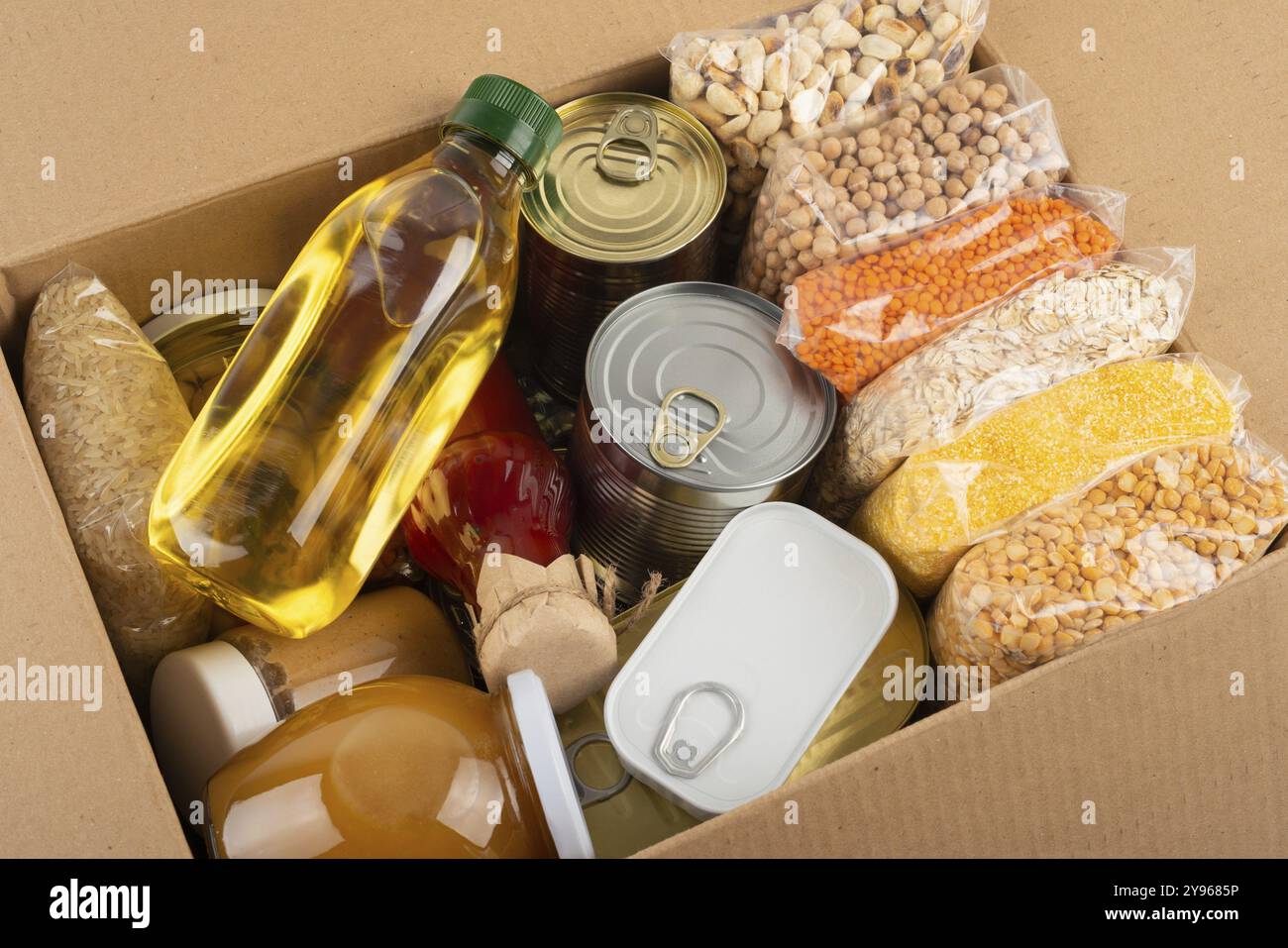 Survival set of nonperishable foods in carton box, food photography ...