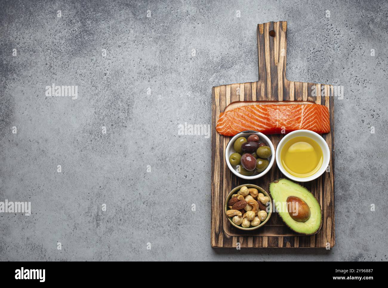 Food sources of healthy unsaturated fat and omega 3: fresh raw salmon ...