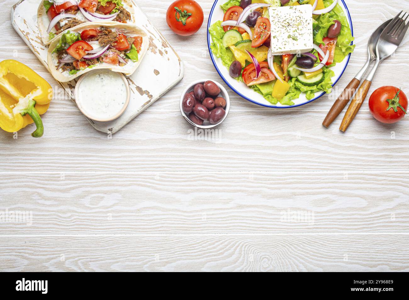Traditional Greek Food: Greek Salad, Gyros with meat and vegetables ...