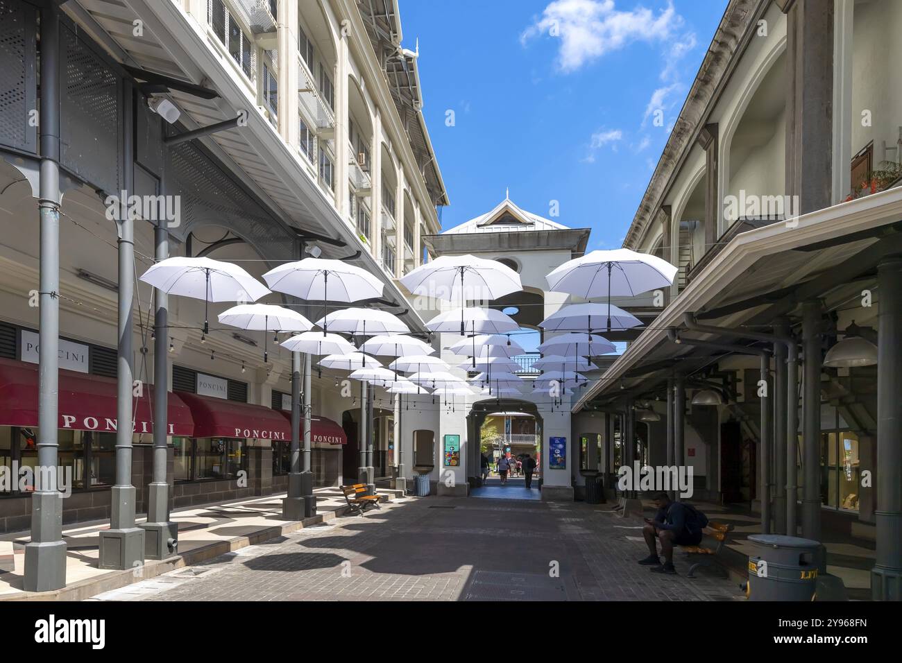 Shopping street, umbrellas, Caudan Waterfront, Port Louis, Indian Ocean ...