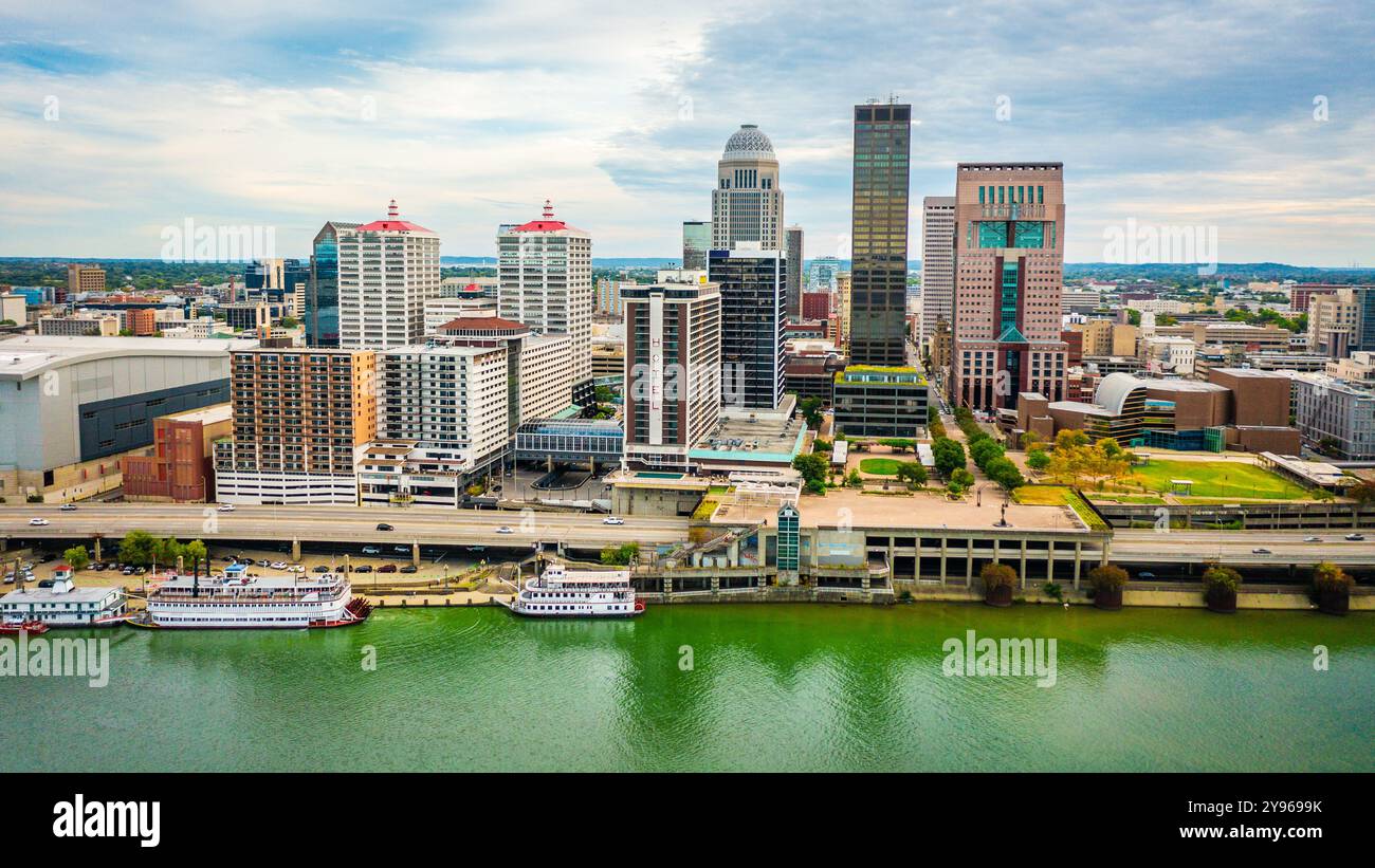 Aerial view of downtown Louisville, Kentucky from the Ohio River Stock ...