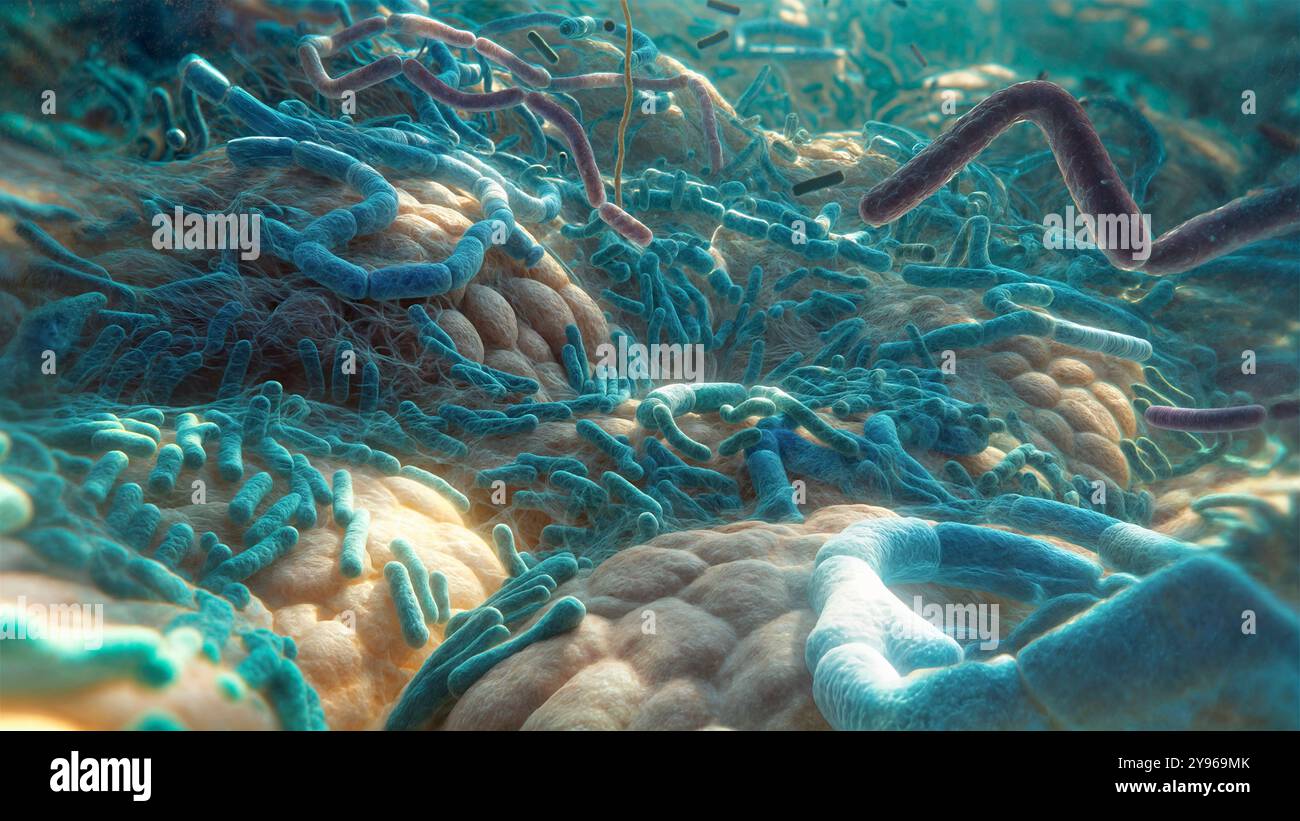 Human gut microbiota, illustration. The community of microorganisms in ...