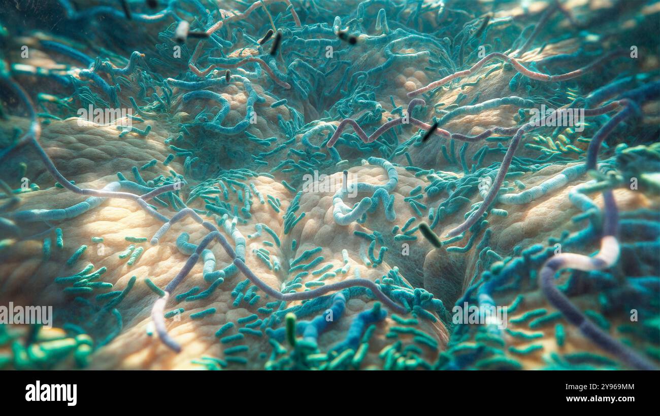 Human gut microbiota, illustration. The community of microorganisms in ...