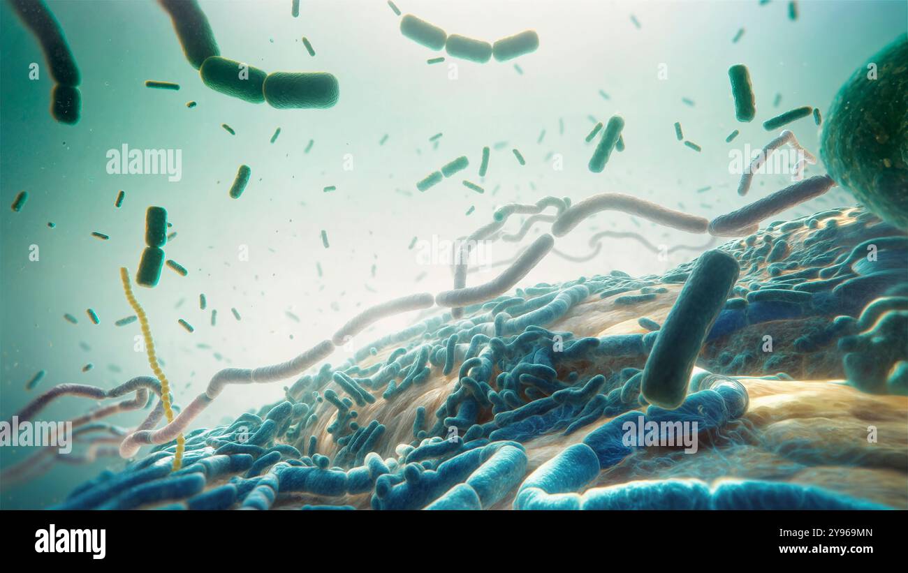 Human gut microbiota, illustration. The community of microorganisms in ...