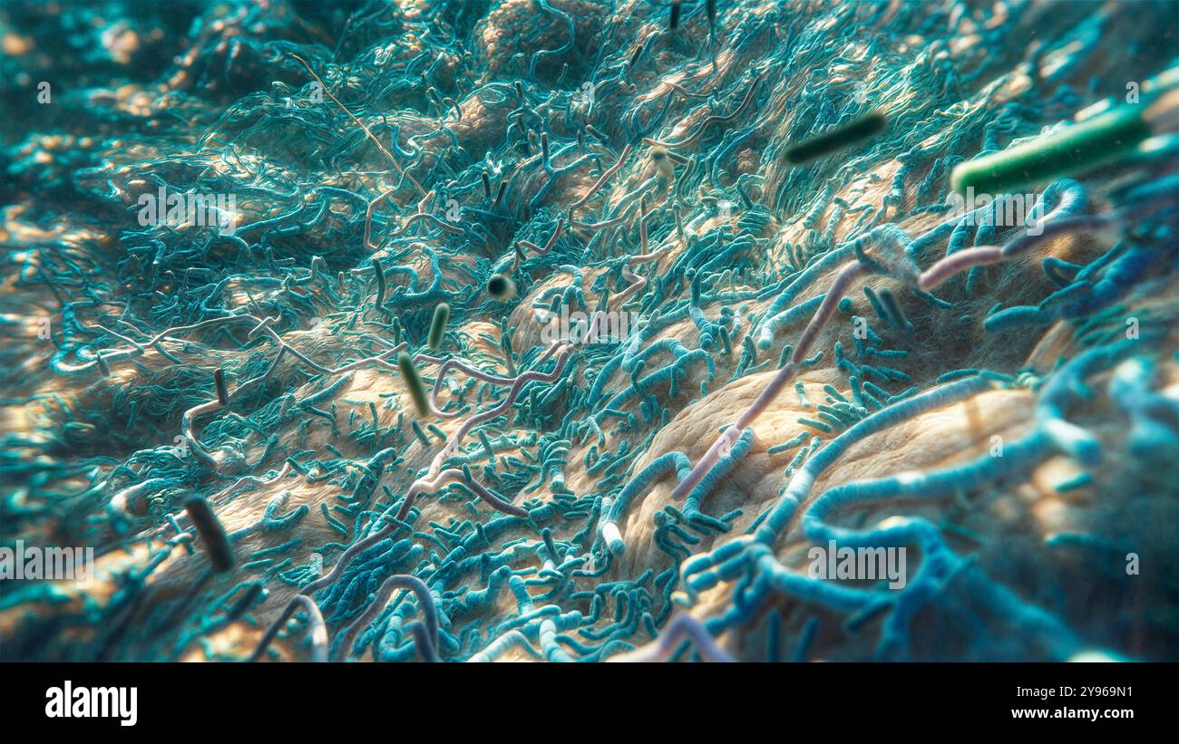 Human gut microbiota, illustration. The community of microorganisms in ...