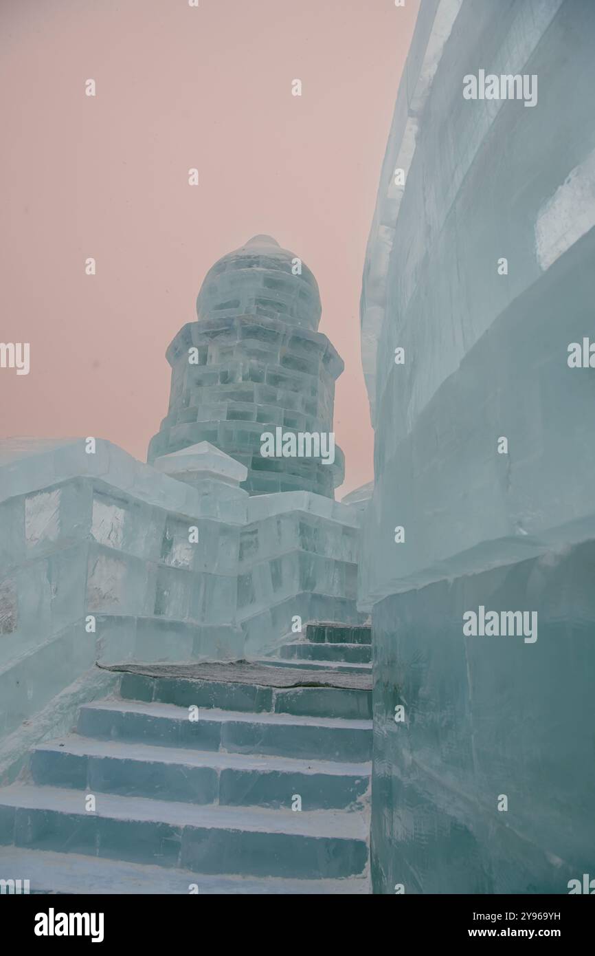 January 1, 2022, HARBIN, CHINA. Ice castle at the sunset. Harbin ...