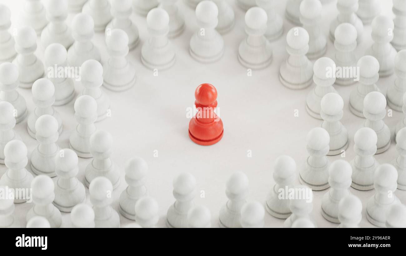 3D illustration of white pawns around a RED one standing out from the ...