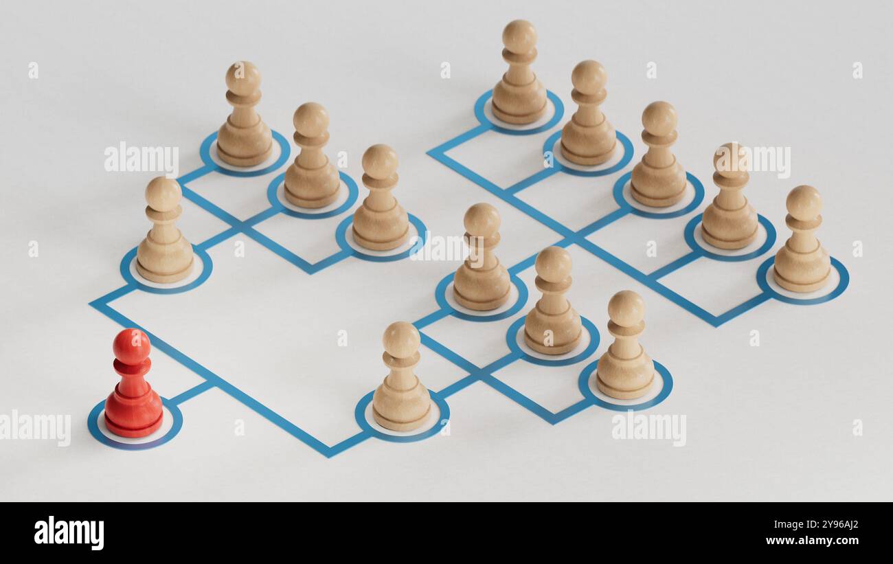 3D illustration of many pawns and RED organizational scheme over white ...