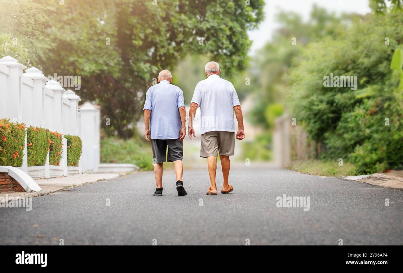 Two senior friends walking along the road into the distance together ...