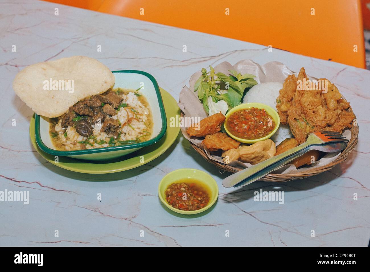 Lalapan Telur and Rawon Served with Sambal on White Table | Authentic ...