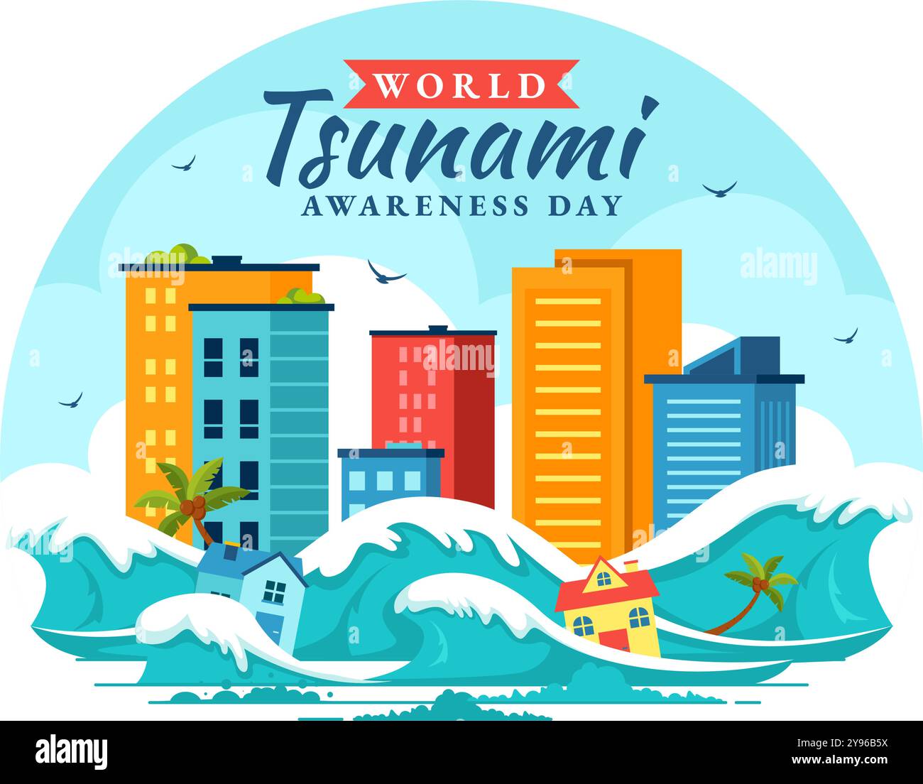 World Tsunami Awareness Day Vector Illustration on November 5, featuring Waves Crashing into ...