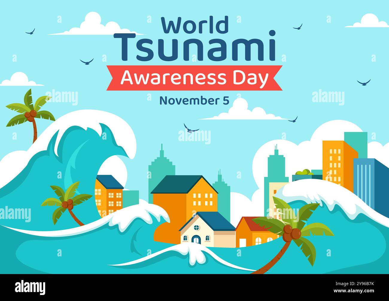 World Tsunami Awareness Day Vector Illustration on November 5, featuring Waves Crashing into ...