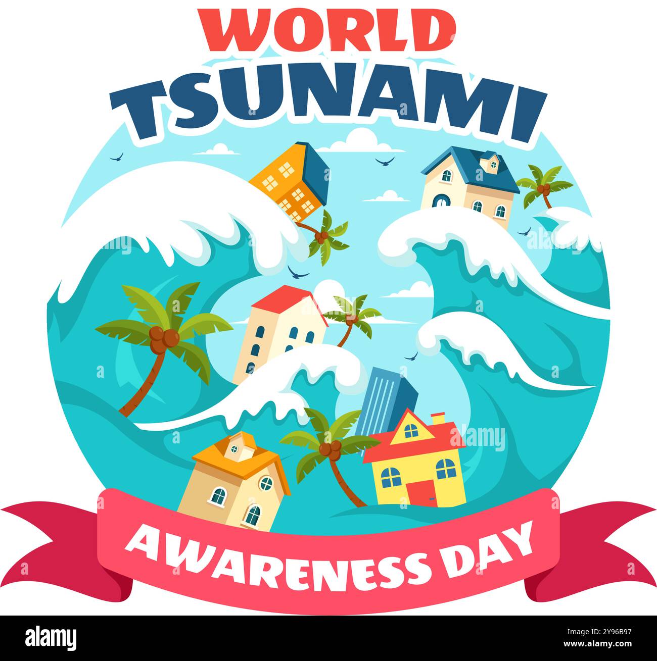 World Tsunami Awareness Day Vector Illustration on November 5, featuring Waves Crashing into ...