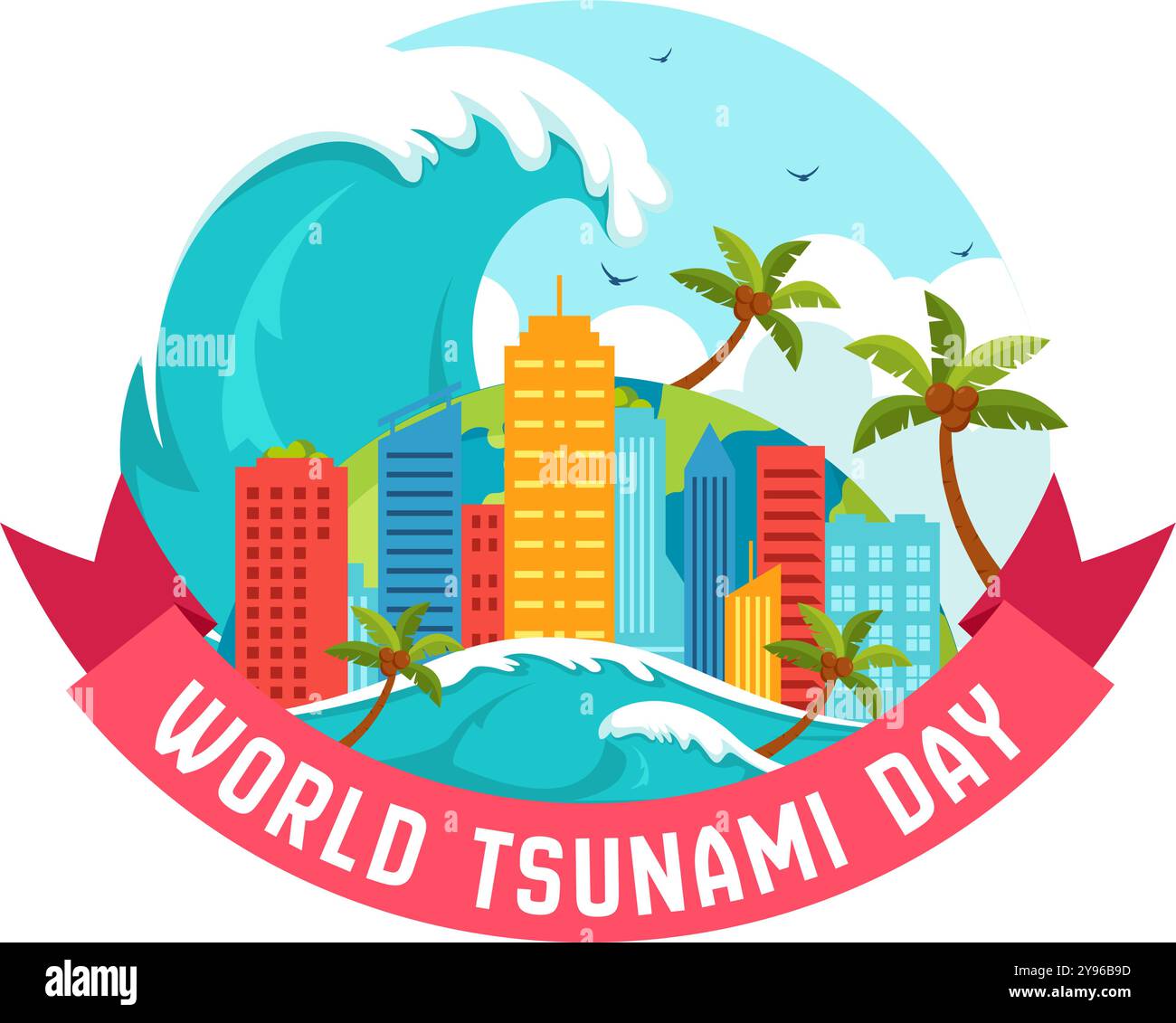 World Tsunami Awareness Day Vector Illustration on November 5, featuring Waves Crashing into ...