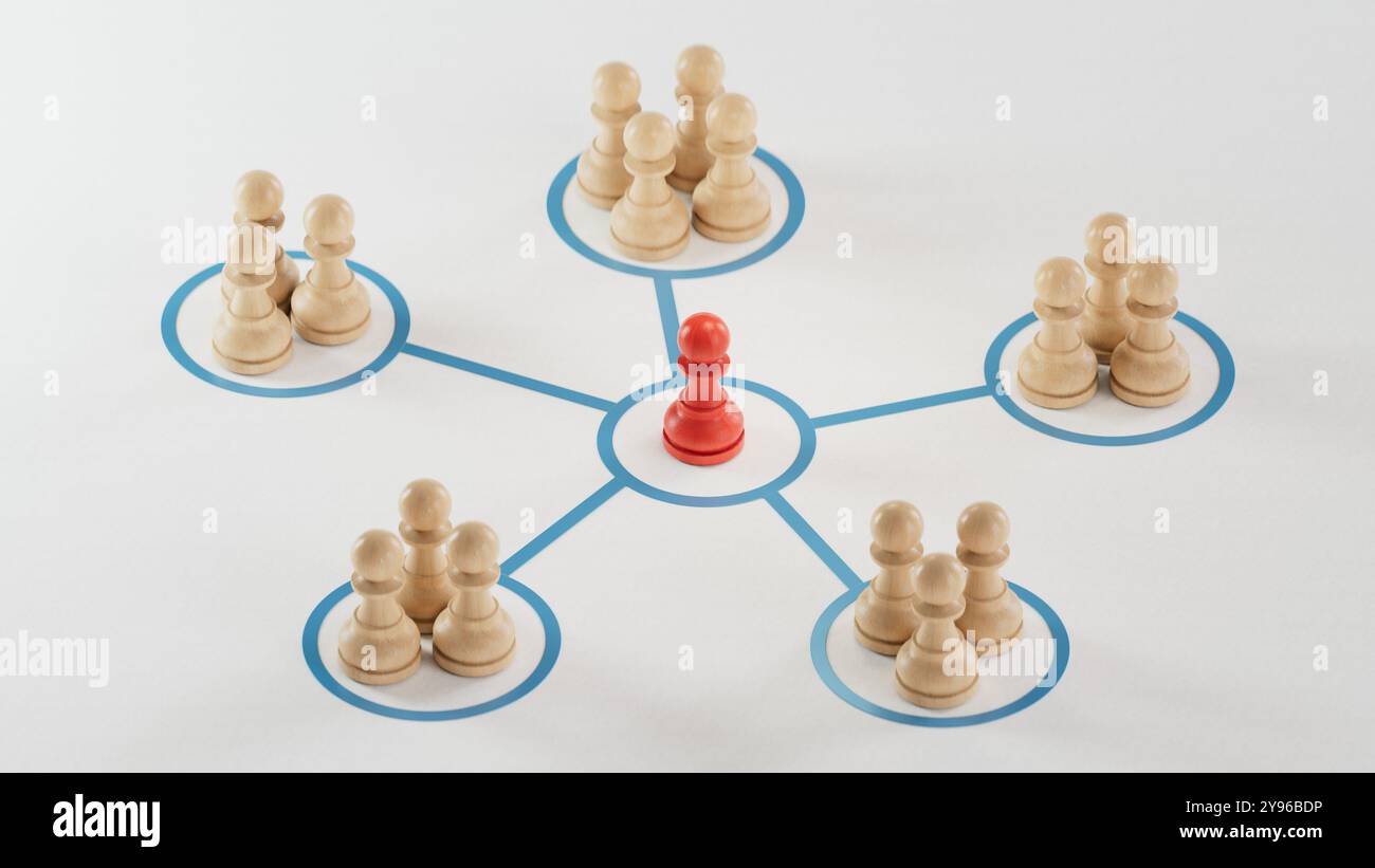 Organized groups managed by a leader. 3D ilustration of pawns with different colors.3D rendering ...