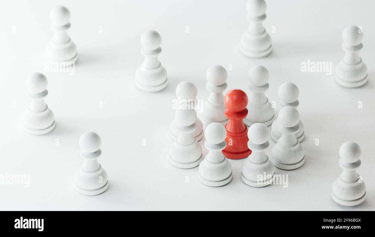 The RED pawn chess piece group standing in the middle of silver pawn ...