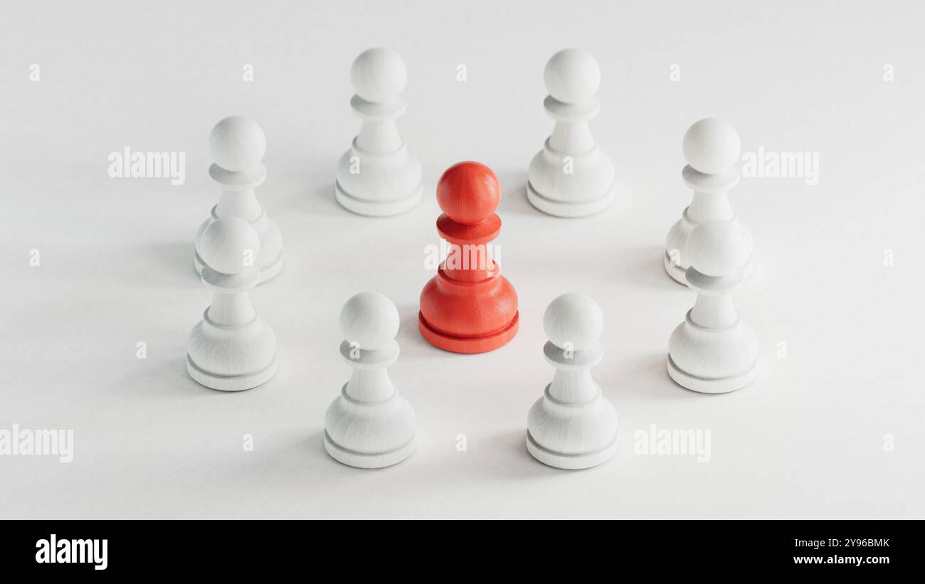 The RED pawn chess piece standing in the middle of silver pawn chess ...