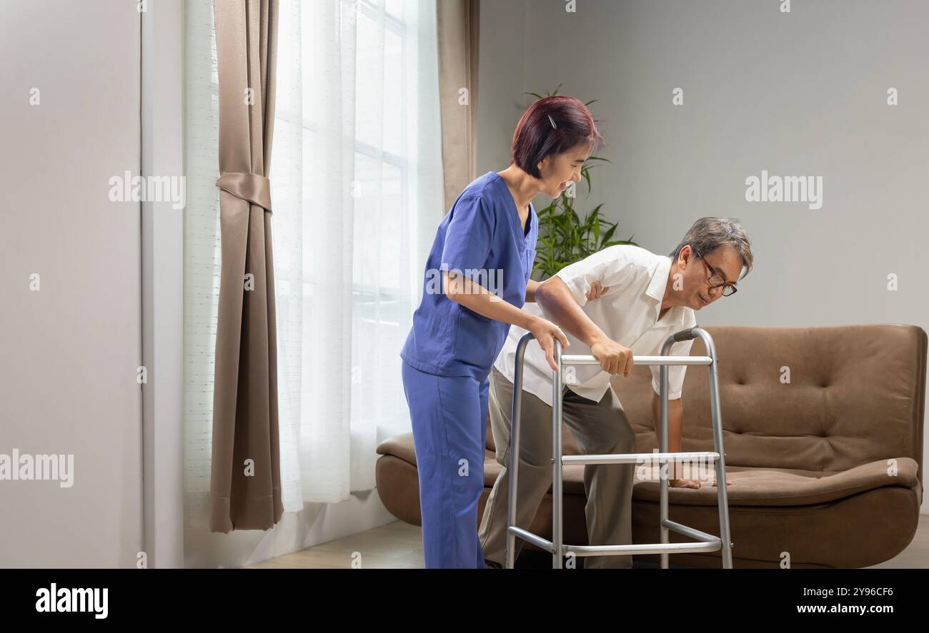 Caregiver takecare older man that having Sarcopenia or muscle loss ...