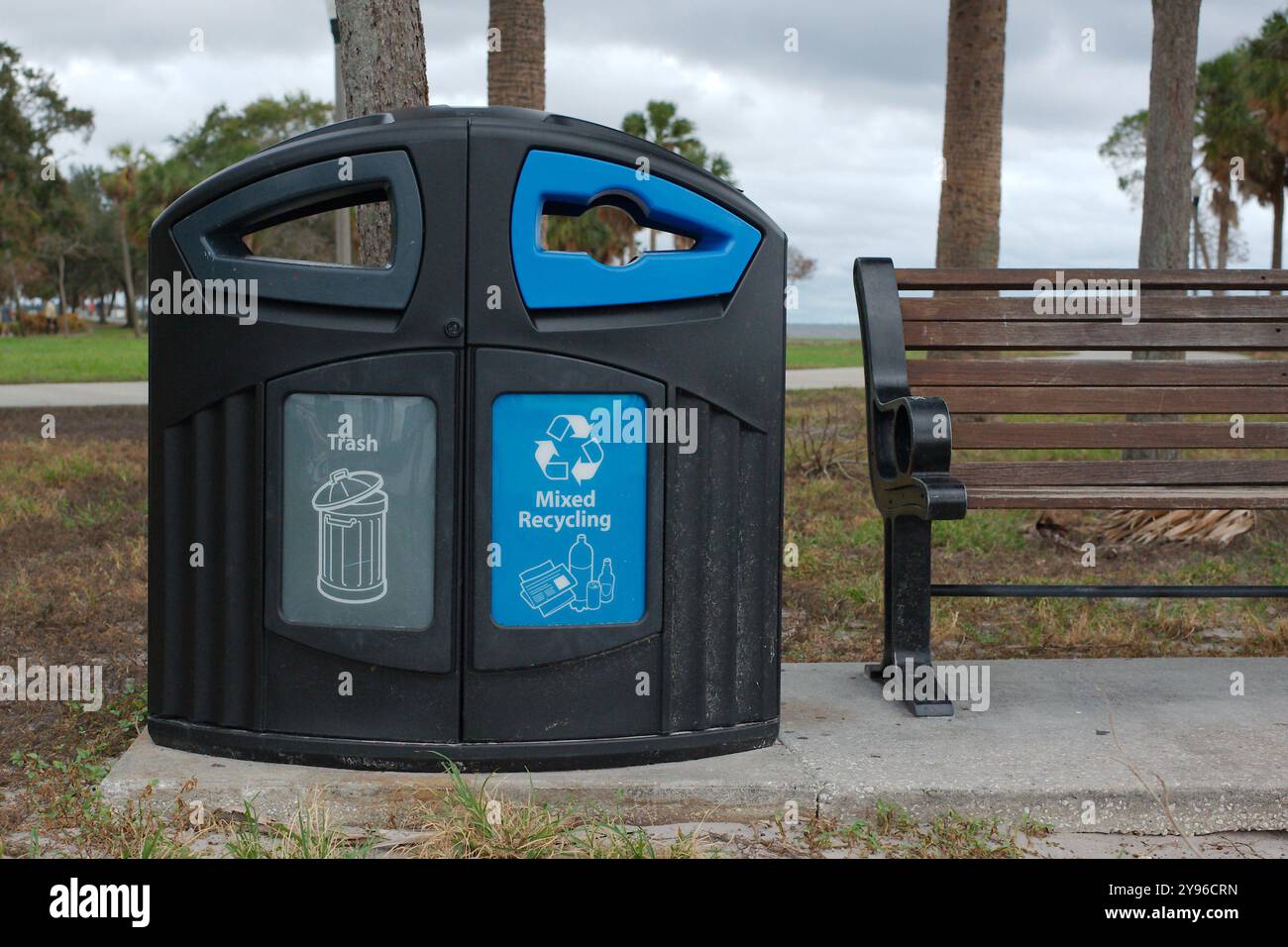 Blue and black trash can to the left of a wood park bench. Palm trees ...