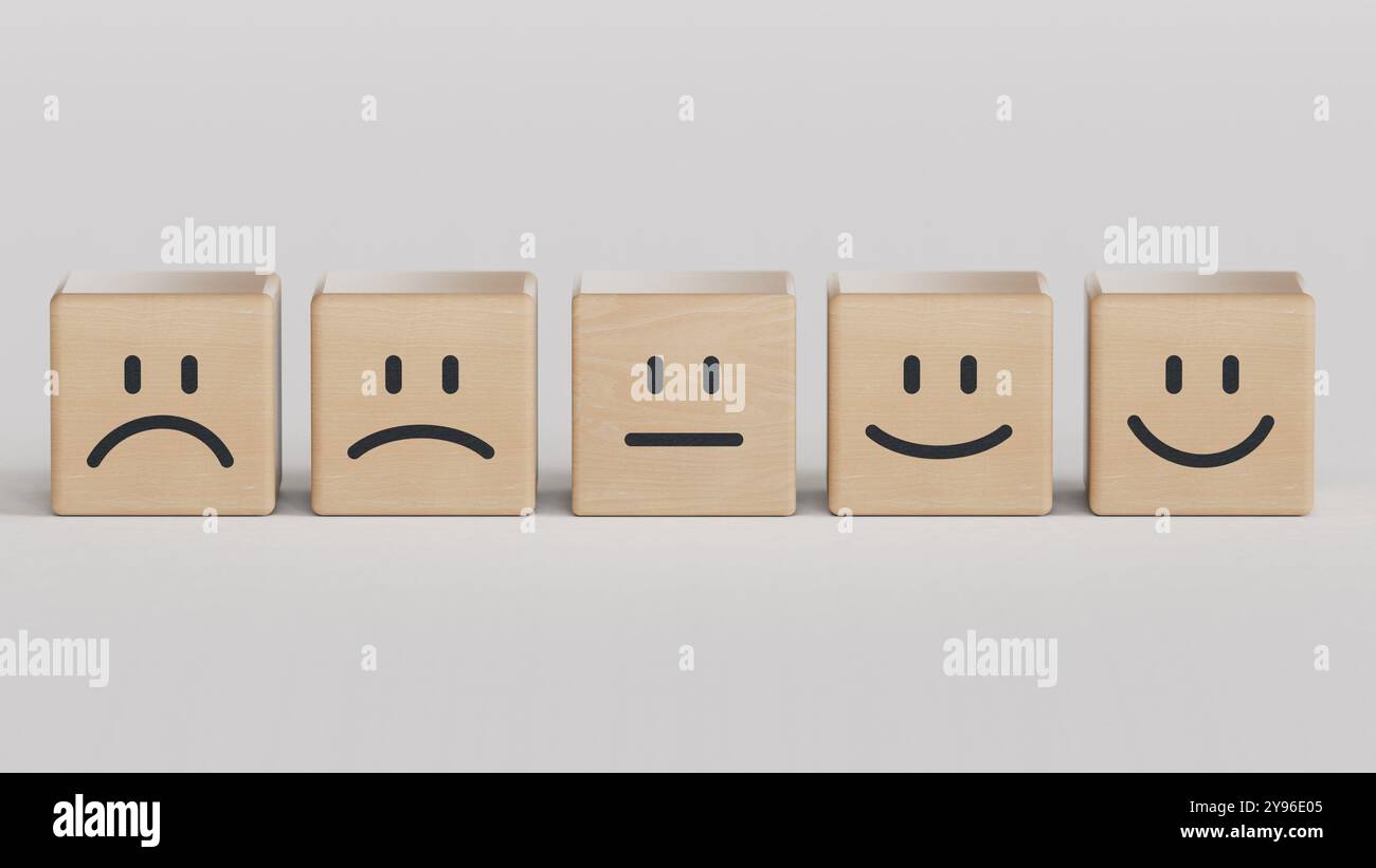 Wood cube with smile, normal and sad face. Facial expressions. Mental ...