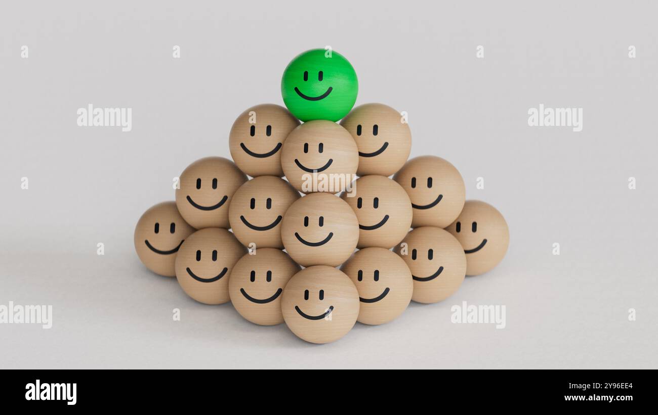 GREEN leader of business pyramid.Wood cube with smile face. Facial ...
