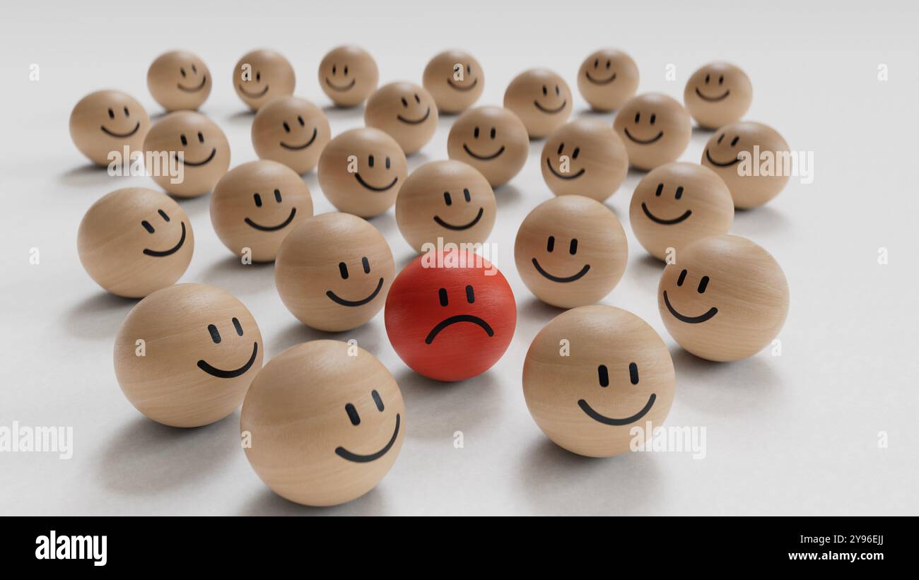 Sad RED face in a group of smileys - 3d Illustration.Wood cube with ...