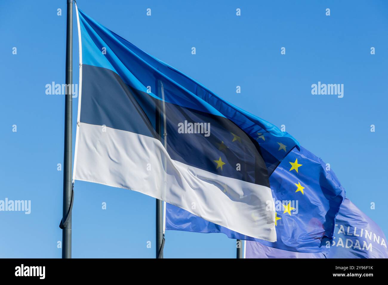 Estonian flag with the EU flag behind it Stock Photo - Alamy