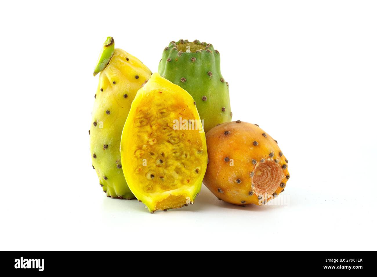 Colorful prickly pear fruits, both whole and halved, showcasing their ...