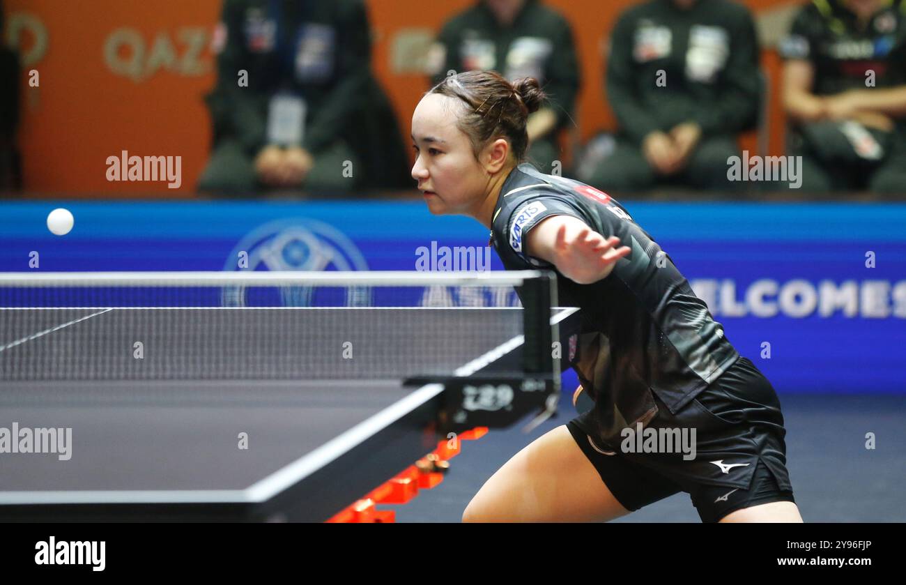 (241009) -- ASTANA, Oct. 9, 2024 (Xinhua) -- Ito Mima of Japan hits a ...