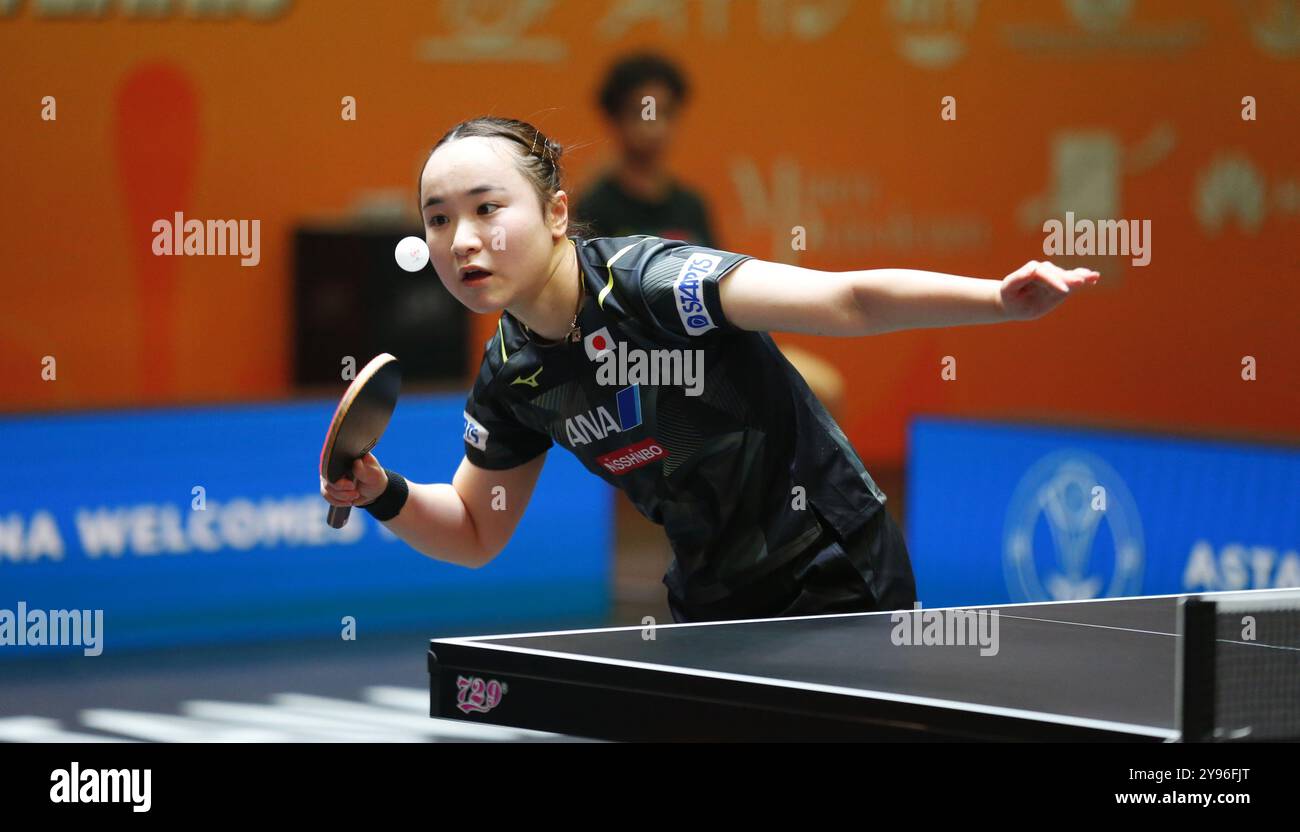 Astana, Kazakhstan. 8th Oct, 2024. Ito Mima of Japan serves to Ser Lin ...