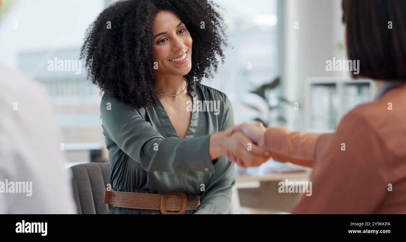Candidate, woman and happy for recruitment with handshake for welcome ...