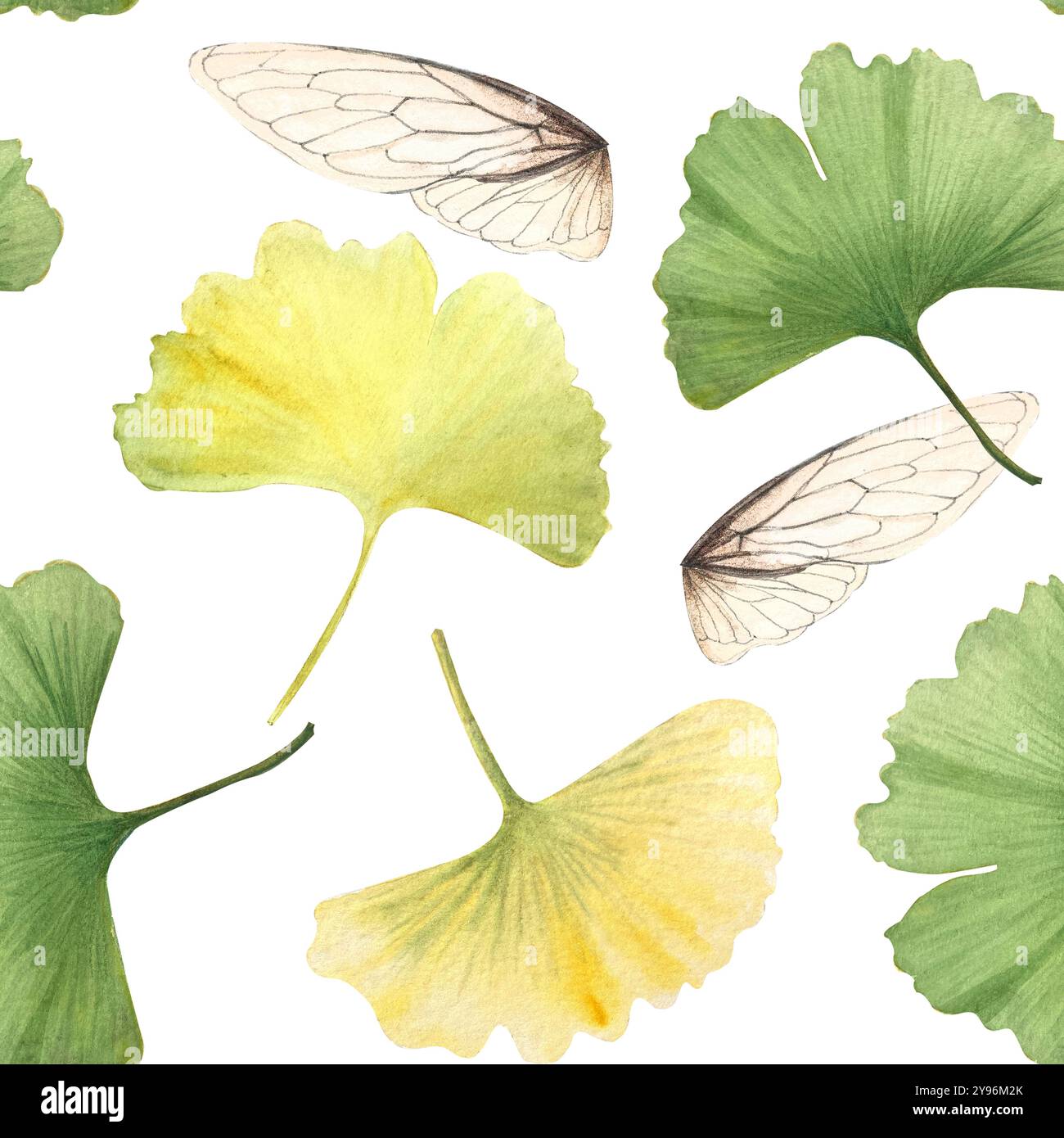 Ginkgo vibrant green yellow falling leaves, transparent insect wings ...