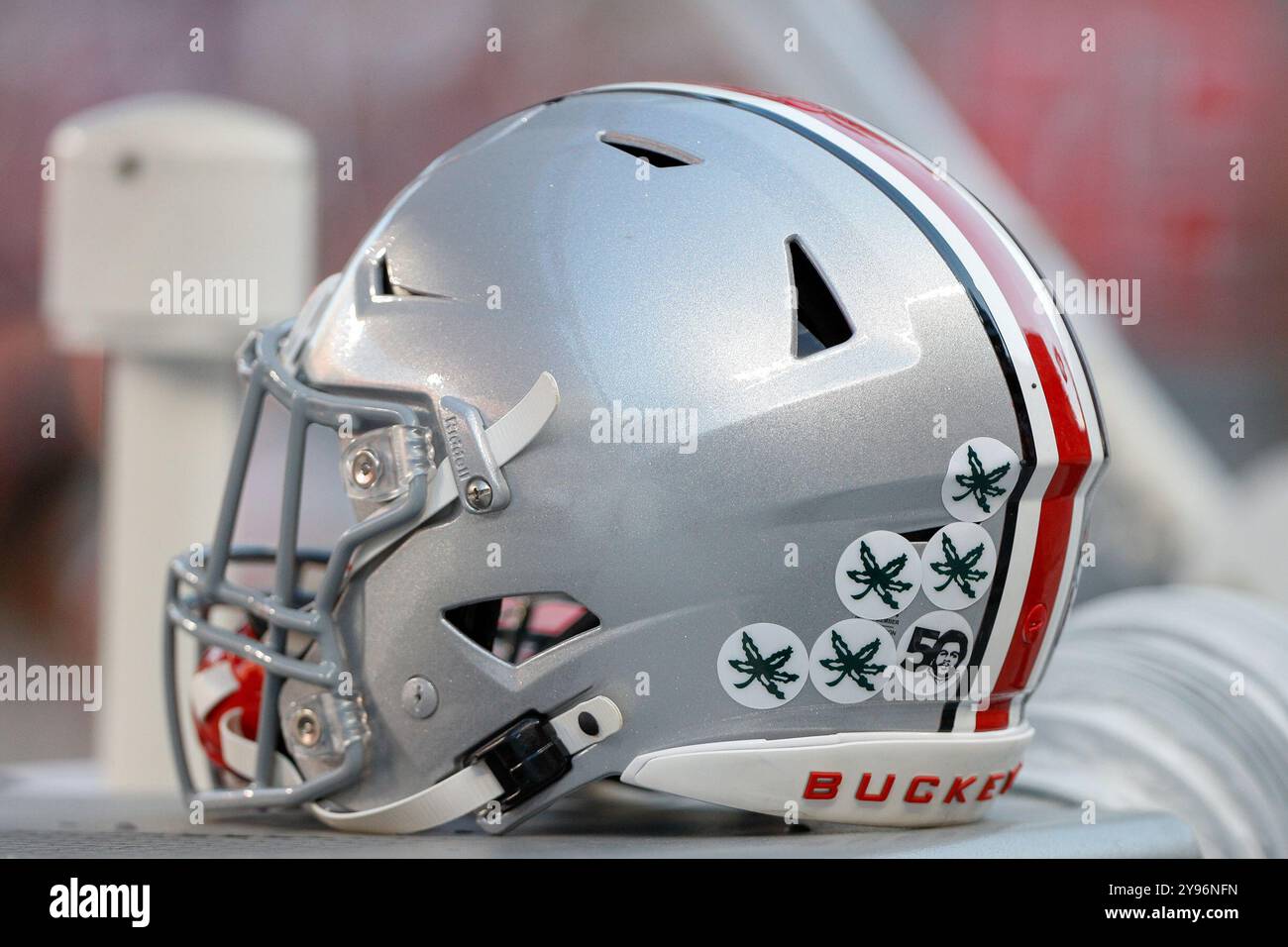 COLUMBUS, OH - OCTOBER 05: A Ohio State Buckeyes helmet sits during the ...