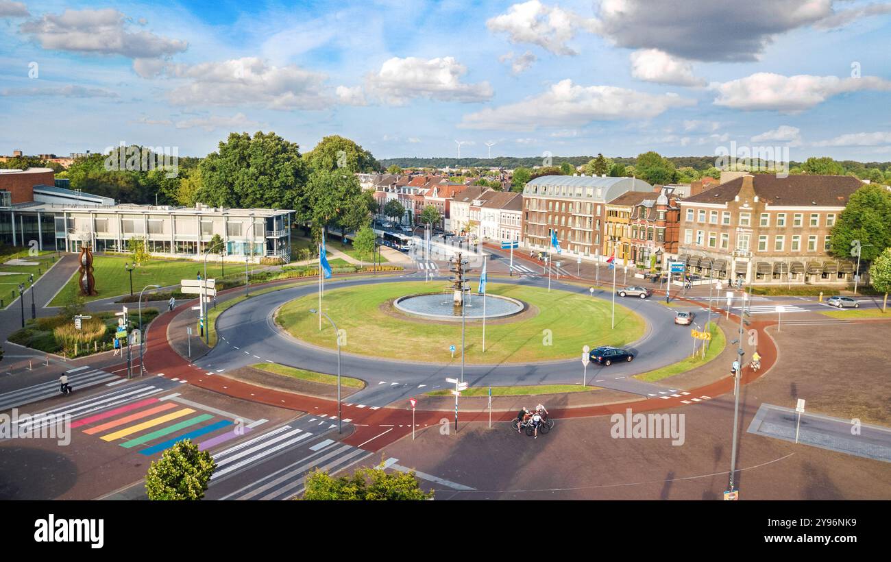 Road ring junction with bike paths and pedestrian crossings aerial ...